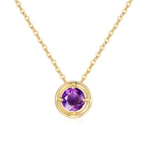 carleen solid 14k yellow gold birthday round gemstone february solitaire amethyst birthstone necklace pendant delicate dainty fine jewelry anniversary birthday gift for women mom, 18 inch