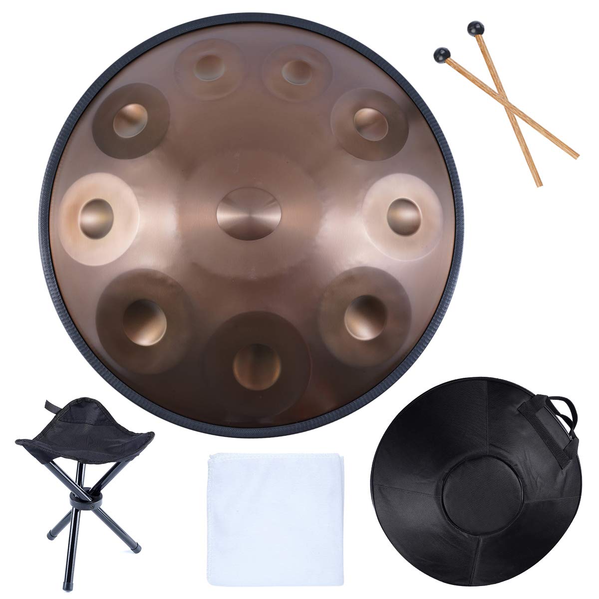 TREELF Handpan Drums Sets D Minor 22 inches Steel Hand Drum with Soft Hand Pan Bag, 2 handpan mallet,Handpan Stand(10 Notes, Gold)