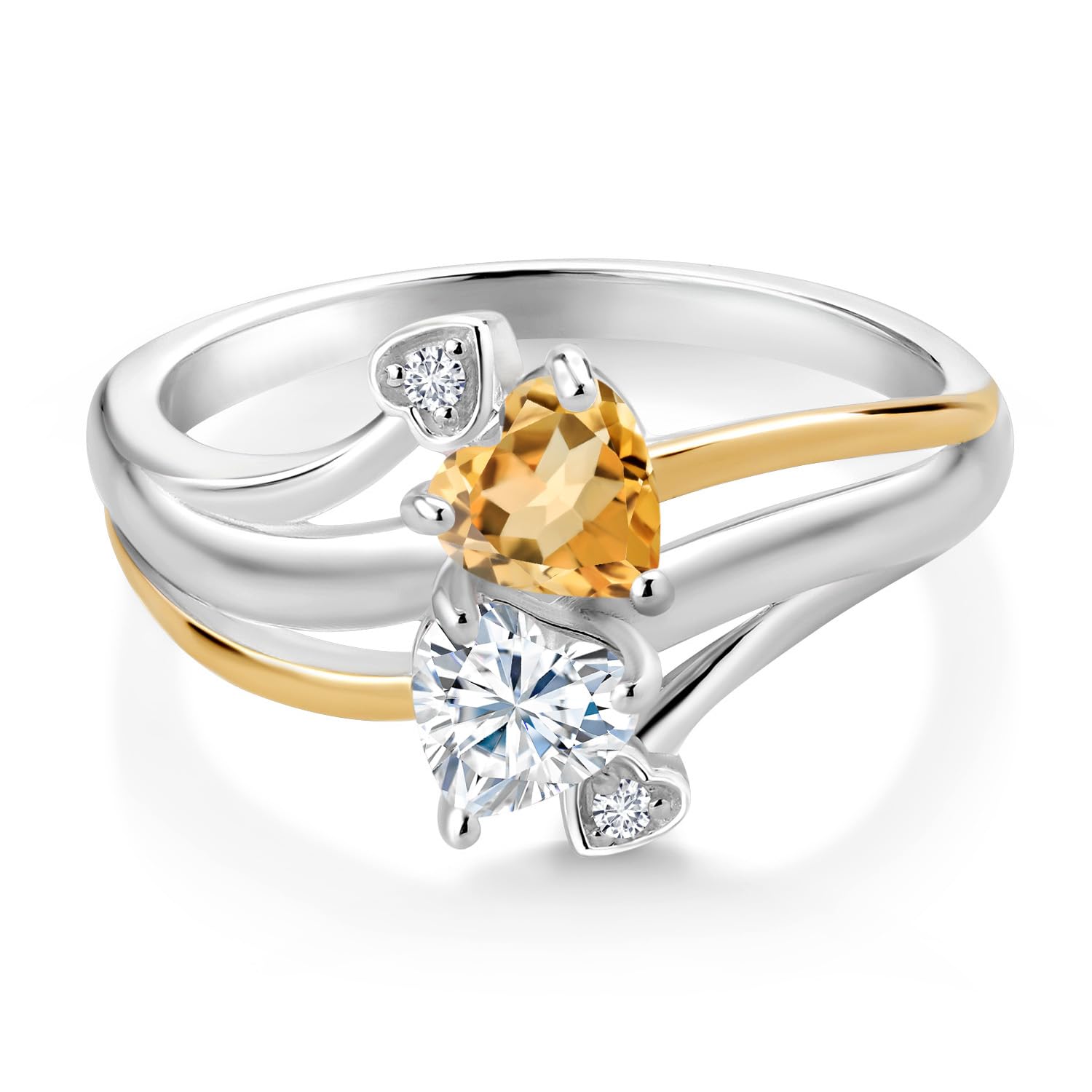 Gem Stone King 925 Sterling Silver and 10K Yellow Gold Citrine Moissanite and Lab Grown Diamond 2 Heart Promise Engagement Mother Ring (0.90 Cttw, Birthstone, Available In Size 5, 6, 7, 8, 9)