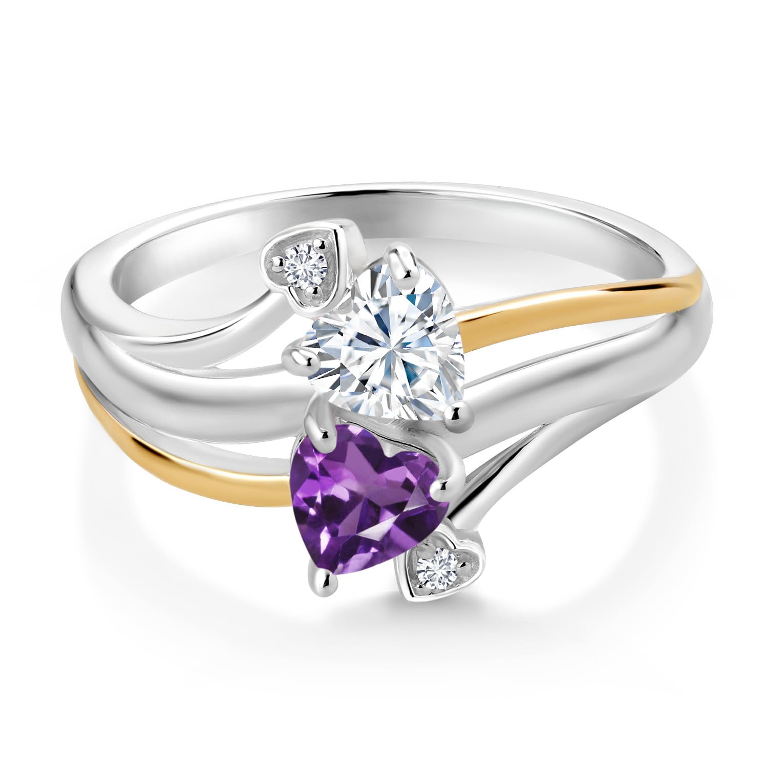 Gem Stone King 925 Sterling Silver and 10K Yellow Gold Purple Amethyst Lab Grown Diamond and White Moissanite 2 Heart Promise Engagement Mother Ring (0.86 Cttw, Available In Size 5, 6, 7, 8, 9)