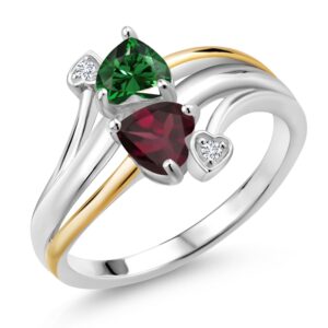 925 silver and 10k yellow gold green nano emerald red rhodolite garnet 2 heart promise couple engagement mother lab grown diamond ring (1.07 cttw, gemstone birthstone, available in size 5, 6, 7, 8, 9)