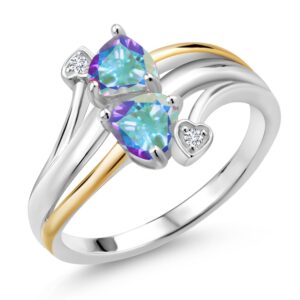 gem stone king 1.14 ct mercury mist mystic topaz 925 silver and 10k yellow gold 2 heart promise couple engagement mother lab grown diamond ring (size 8)