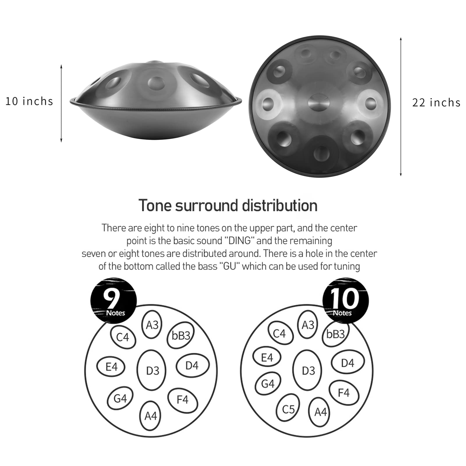 TREELF Handpan Drums Sets D Minor 22 inches Steel Hand Drum with Soft Hand Pan Bag, 2 handpan mallet,Handpan Stand(10 Notes, Gold)