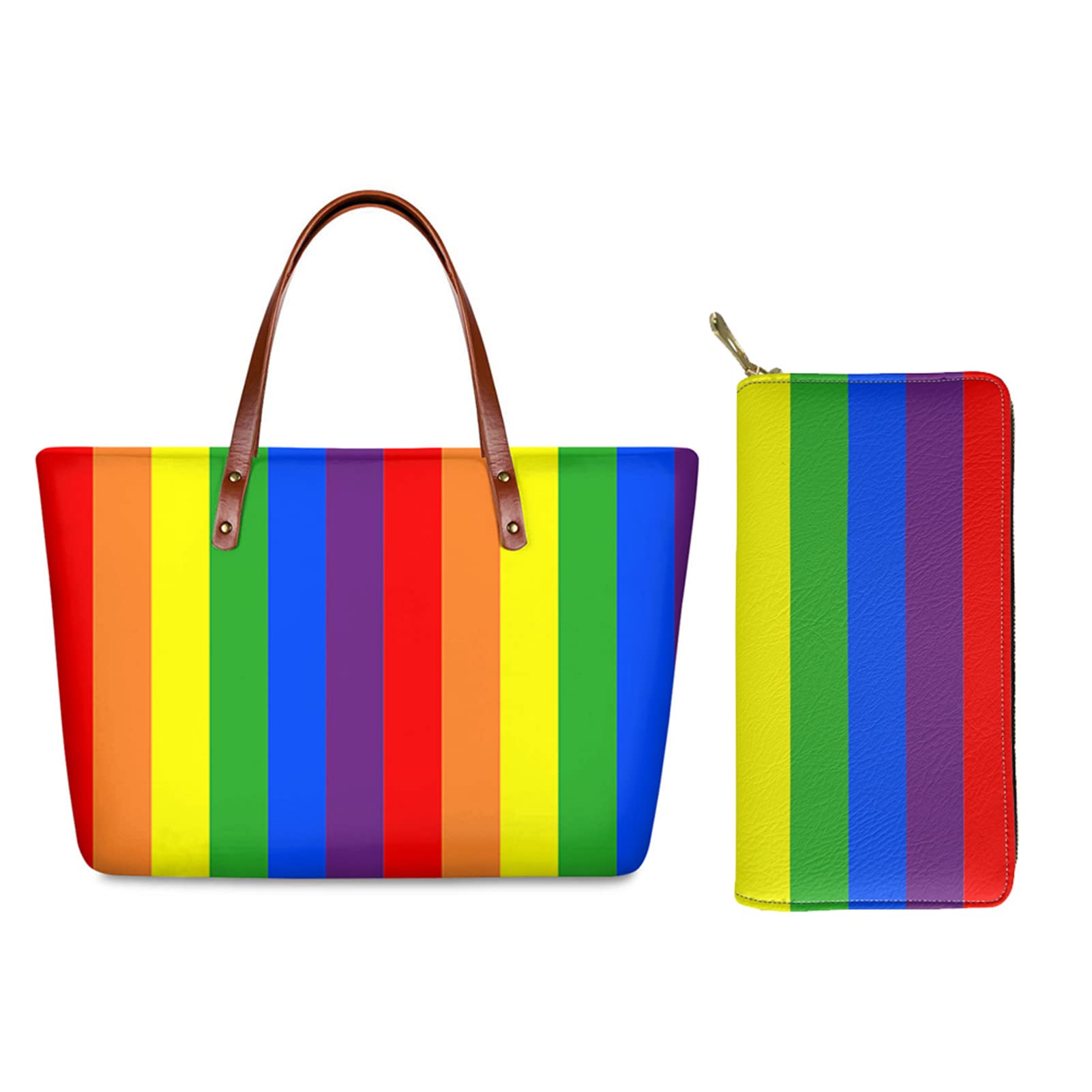 Coloranimal Colorz Handbag and Purses for Women Rainbow LGBTQ Gay Pride Stripes Colorful Satchel Hobo Bags Tote Shoulder Bag with Zip Around Top Handle Clutch Wallets Sets 2Pcs