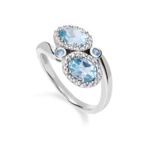 Ivy Gems 925 Sterling Silver Rhodium Plated Bypass Two Stones Statement Ring with Sky Blue Topaz and White Topaz Accented Contemporary Designs November Birthstones Size 7