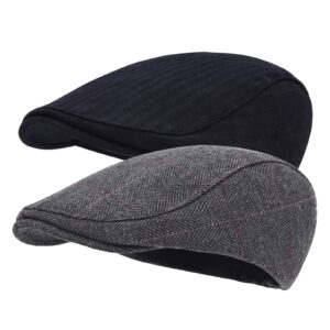 starance 2 pack newsboy hats for men wool blend flat cap ivy driving hat (black/plaid grey)