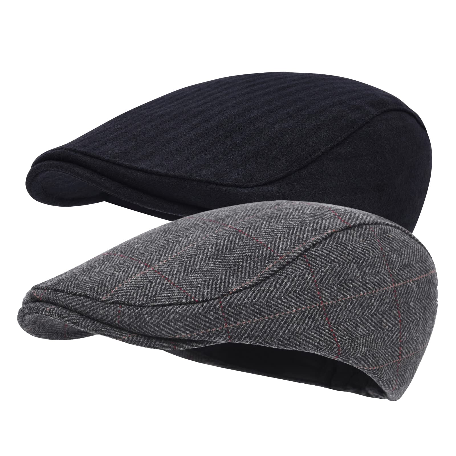 STARANCE 2 Pack Newsboy Hats for Men Wool Blend Flat Cap Ivy Driving Hat (Black/Plaid Grey)