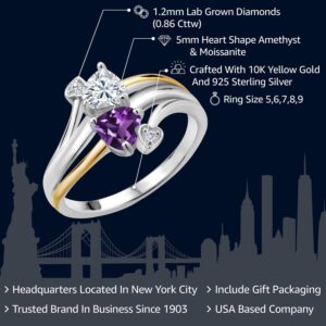 Gem Stone King 925 Sterling Silver and 10K Yellow Gold Purple Amethyst Lab Grown Diamond and White Moissanite 2 Heart Promise Engagement Mother Ring (0.86 Cttw, Available In Size 5, 6, 7, 8, 9)