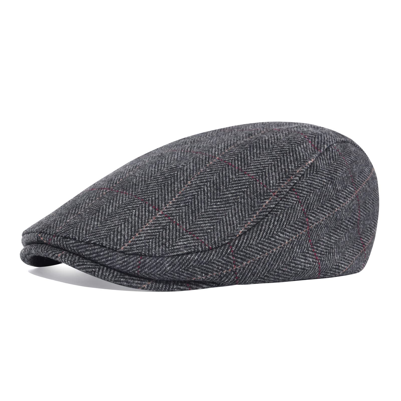 STARANCE 2 Pack Newsboy Hats for Men Wool Blend Flat Cap Ivy Driving Hat (Black/Plaid Grey)