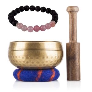 tibetan singing bowl set bundle with lava stone and rose quartz mala bracelet — handcrafted in nepal for chakra healing, meditation, intention setting, and mantra recitation