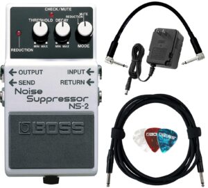 boss ns-2 noise suppressor bundle with power adapter, 10ft instrument cable, 6in patch cable, and picks