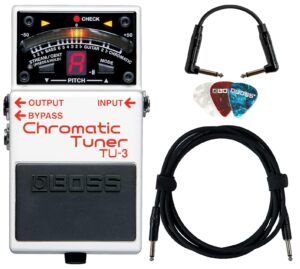 boss tu-3 chromatic tuner pedal - bundle with 10ft instrument cable, 6in patch cable, and picks