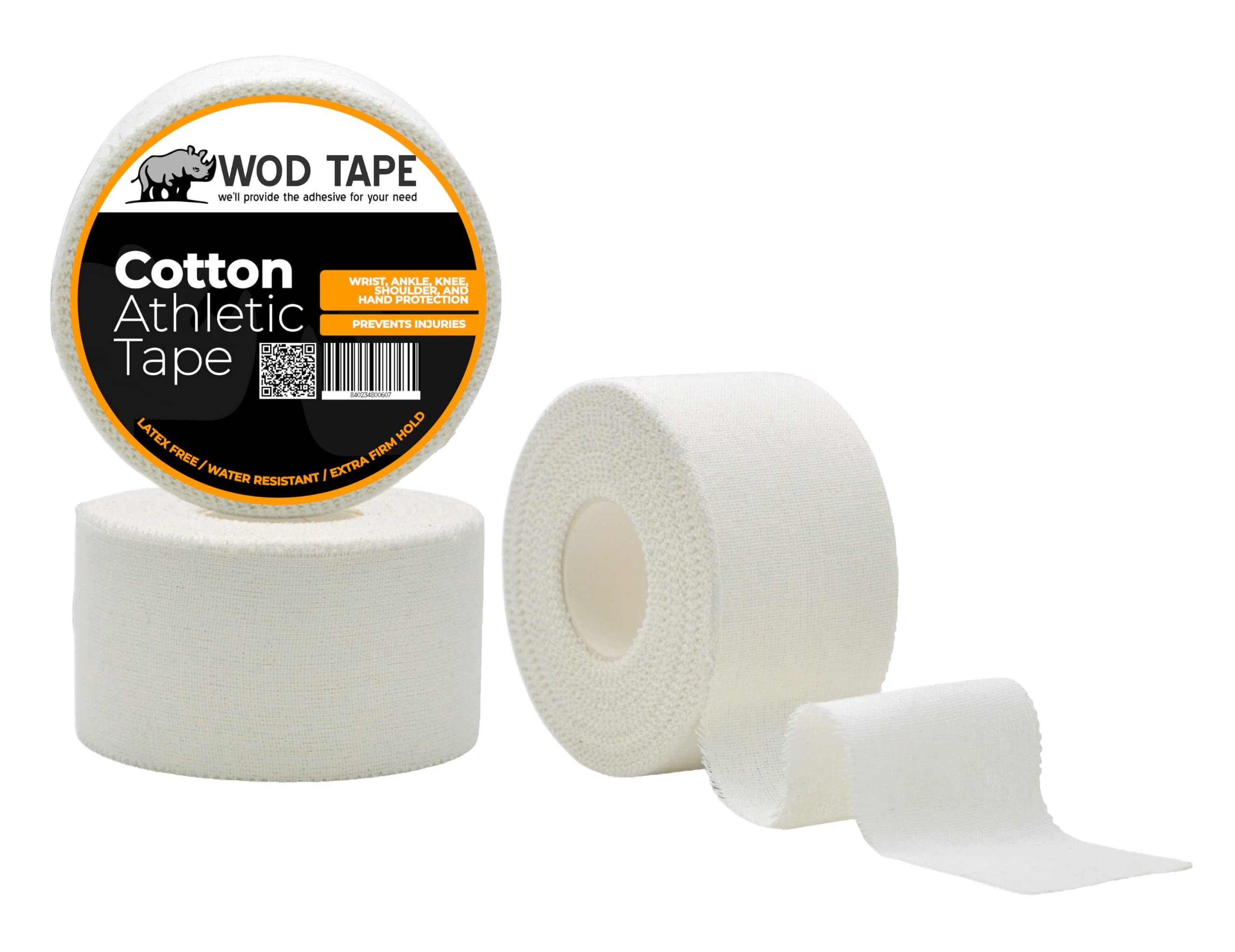 WOD ST-ACST Sports Athletic Tape, White (Pack of 3). Latex-free Self-Adhesive for Wrist, Ankle, Shoulder, Knee, and Hand Protection, for Weightlifting, Lacrosse, Hockey, Football, Lifters, & Climbers.