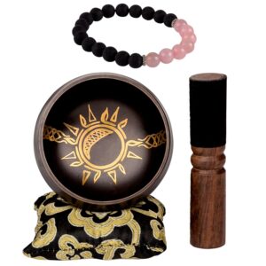 moon in sun singing bowl set bundle with lava stone and rose quartz mala bracelet — handcrafted in nepal for chakra healing, meditation, and aromatherapy essential oil diffusion