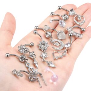 Vsnnsns 14G Belly Button Rings Stainless Steel CZ Skull Piercing Jewelry Belly Bars Curved Navel Ring Barbell Body Jewelry Piercing for Women Men Silver 10MM