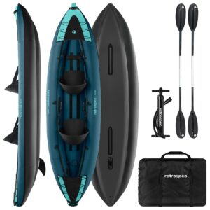 retrospec coaster 2 person inflatable kayak - portable 600-denier ripstop polyester blow up kayak - includes double-sided paddle, hand pump & carrying bag - ocean blue