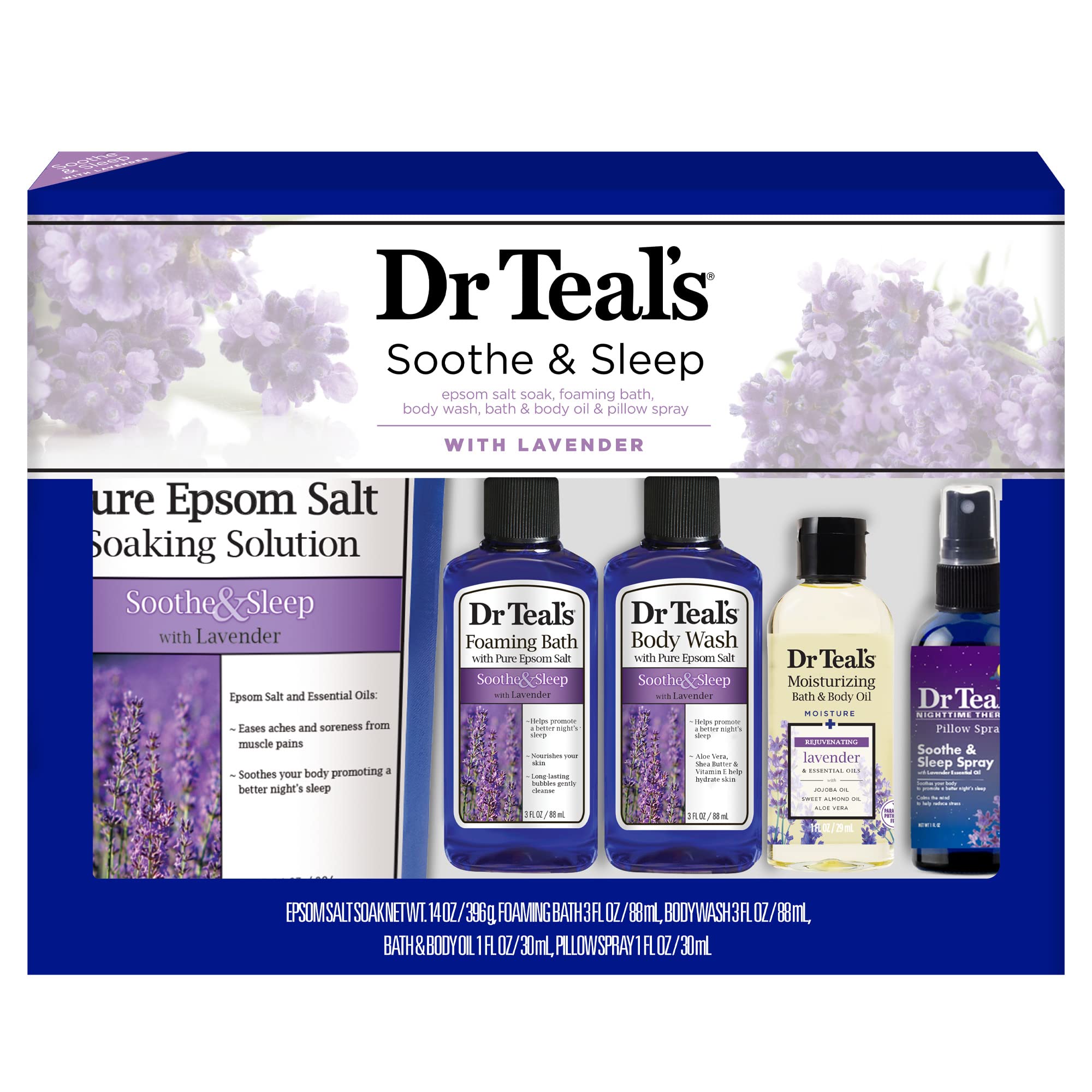 Dr Teal's Lavender Soothe & Sleep Full Regimen 5-piece Gift Set (Epsom Salt Soaking Solution, Foaming Bath, Body Wash, Moisturizing Bath & Body Oil, Pillow Spray)