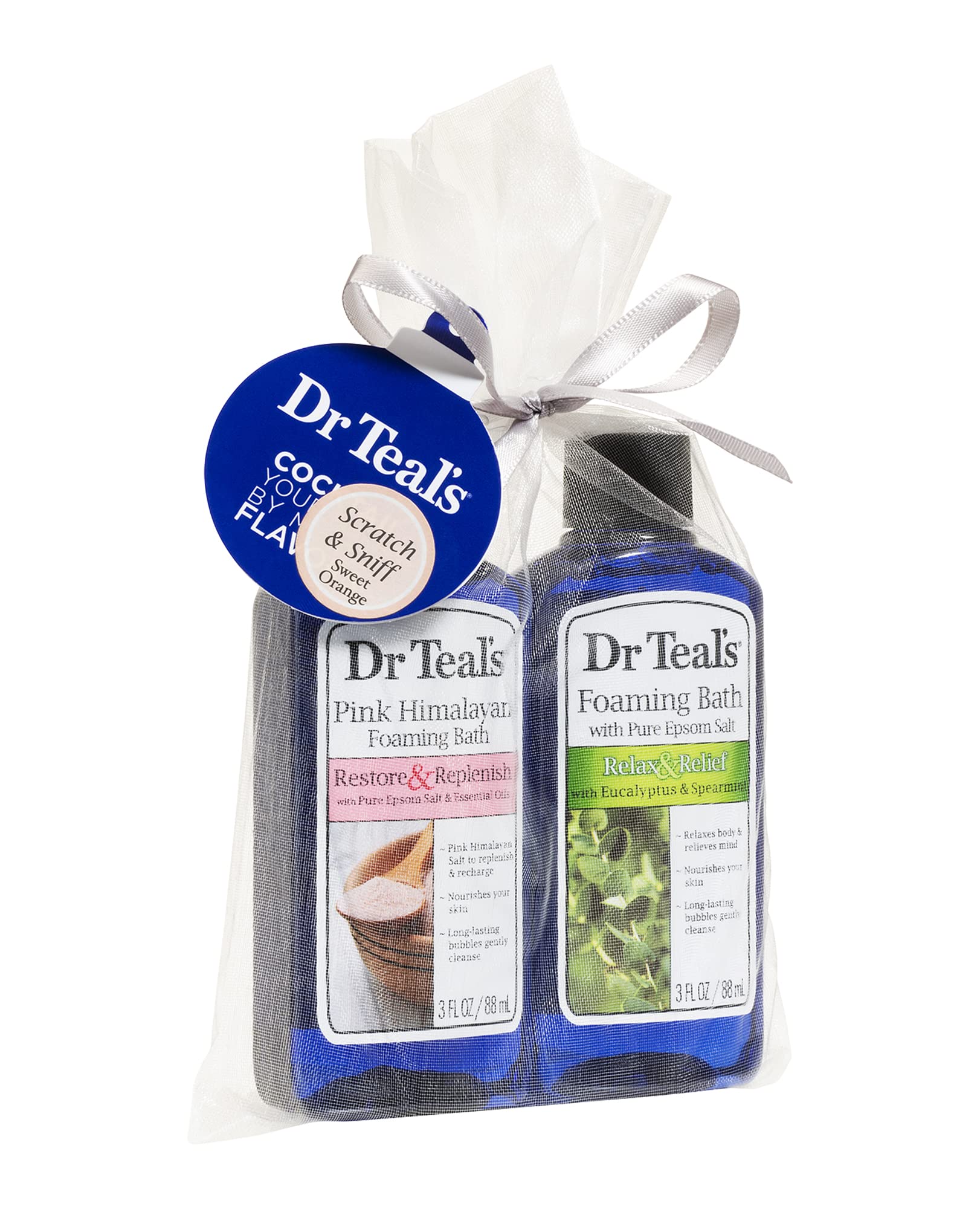 Dr Teal's Foaming Bath Holiday Gift Combo Pack (6 fl oz Total): Restore & Replenish with Pink Himalayan Salt and Relax & Relief with Eucalyptus and Spearmint. Treat Your Skin, Senses, and Stress