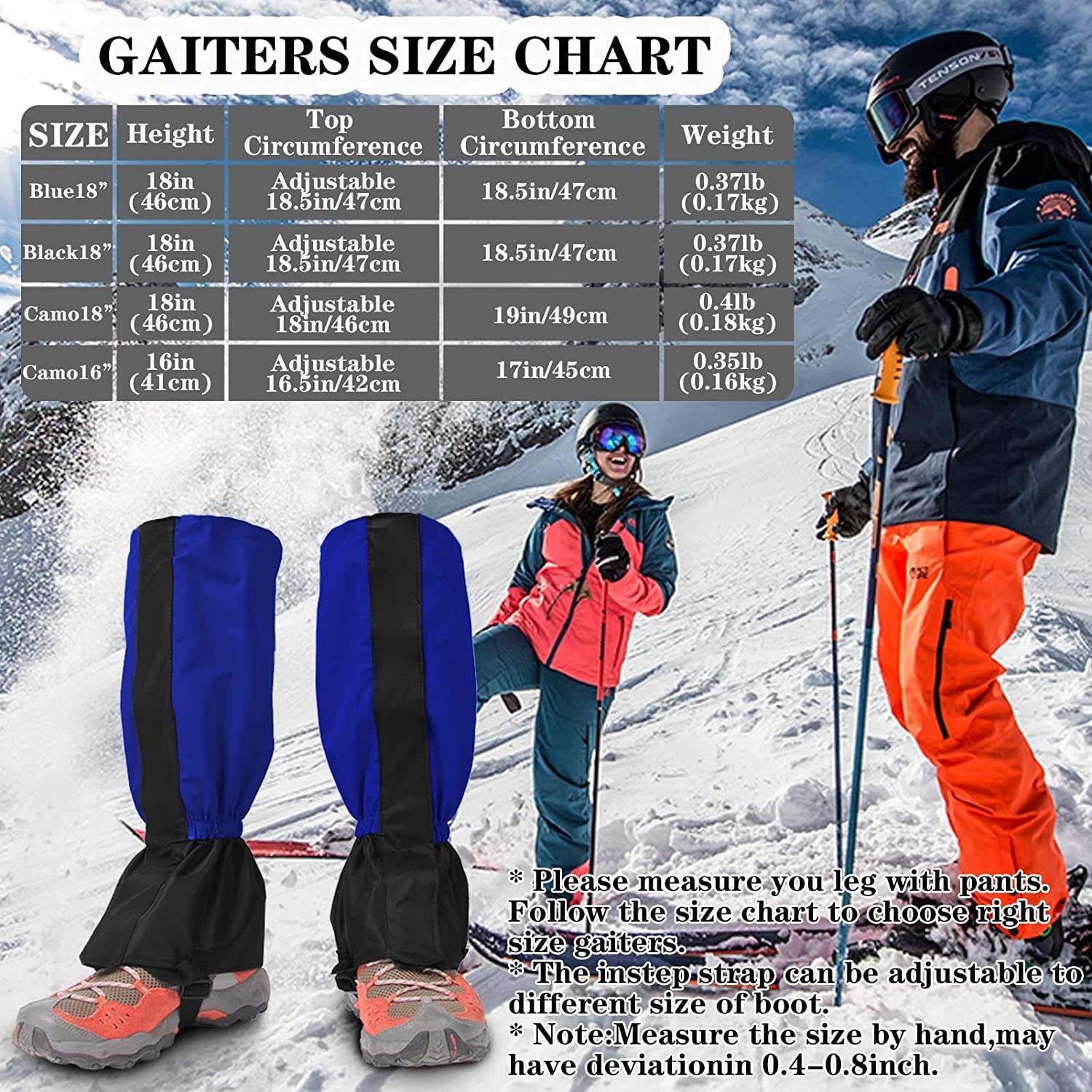 Leg Gaiters Waterproof Men Women Snow Boot Gaiters Hiking Shoe Gaiters Anti-Tear Adjustable Leggings Cover Ankle Leg Guard for Outdoor Hunting Camping Skiing Walking Mountain Climbing (Blue 18")