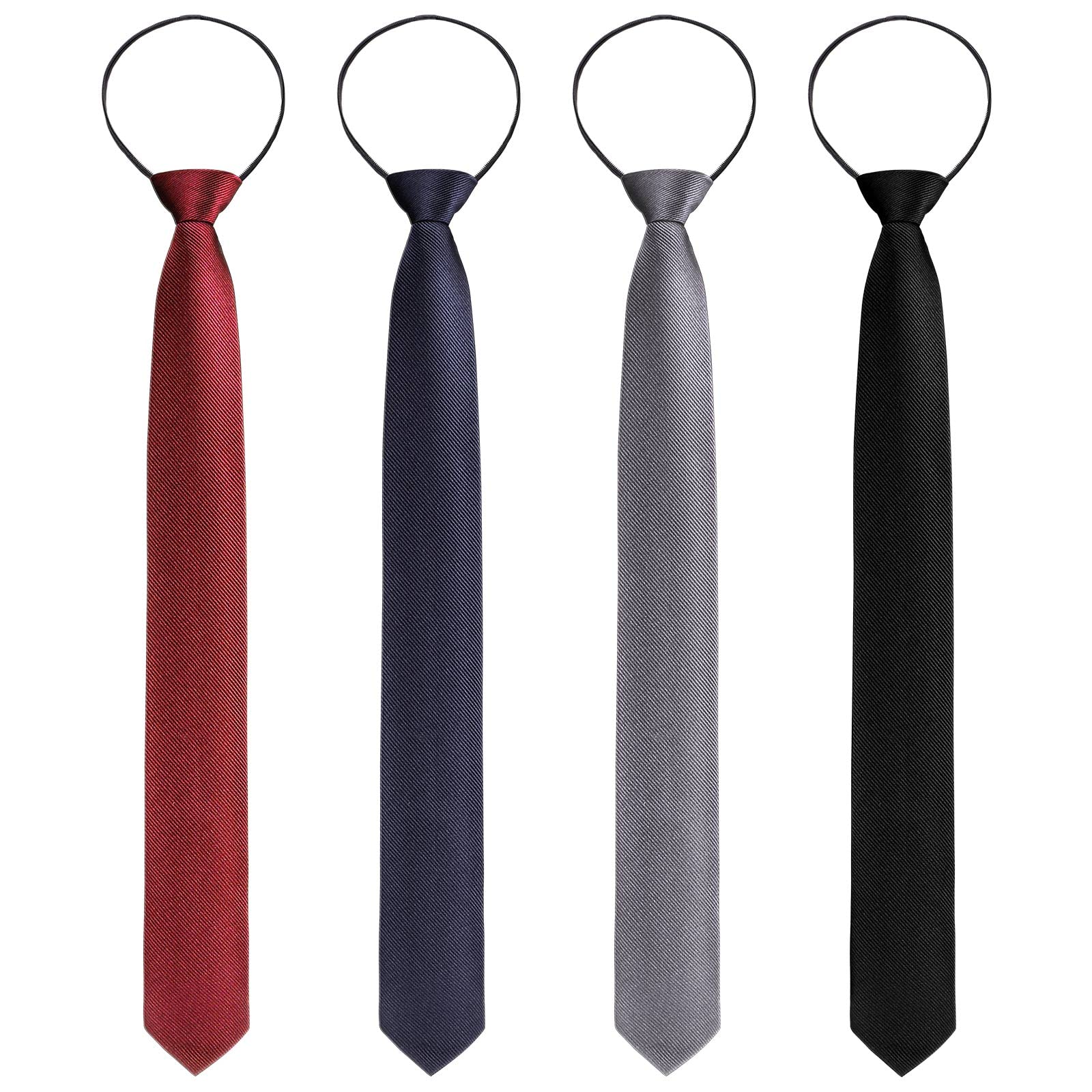 Xinnun 4 Pieces Zipper Ties for Men Adjustable Men's Neckties Zip on Tie for Men Zipper Skinny Necktie Clip on Slim Tie(Black, Navy, Grey, Dark Red)