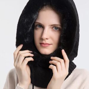 Women One Piece Slouchy Fleece Beanie Hats Scarf Mask Drawstring Warm Hooded Winter Balaclava Pullover Knitted Hat Black