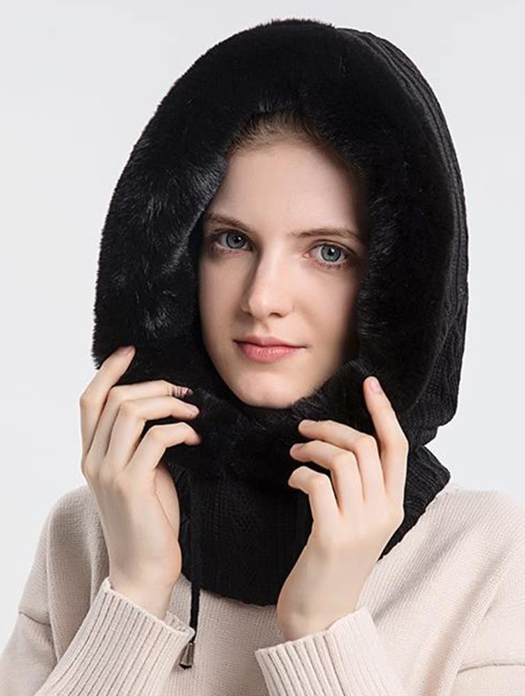 Women One Piece Slouchy Fleece Beanie Hats Scarf Mask Drawstring Warm Hooded Winter Balaclava Pullover Knitted Hat Black