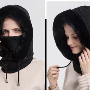 Women One Piece Slouchy Fleece Beanie Hats Scarf Mask Drawstring Warm Hooded Winter Balaclava Pullover Knitted Hat Black