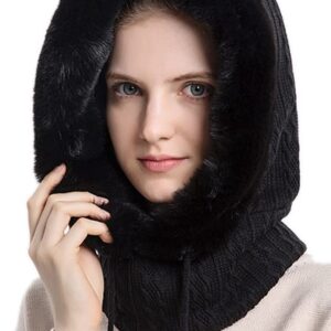 Women One Piece Slouchy Fleece Beanie Hats Scarf Mask Drawstring Warm Hooded Winter Balaclava Pullover Knitted Hat Black