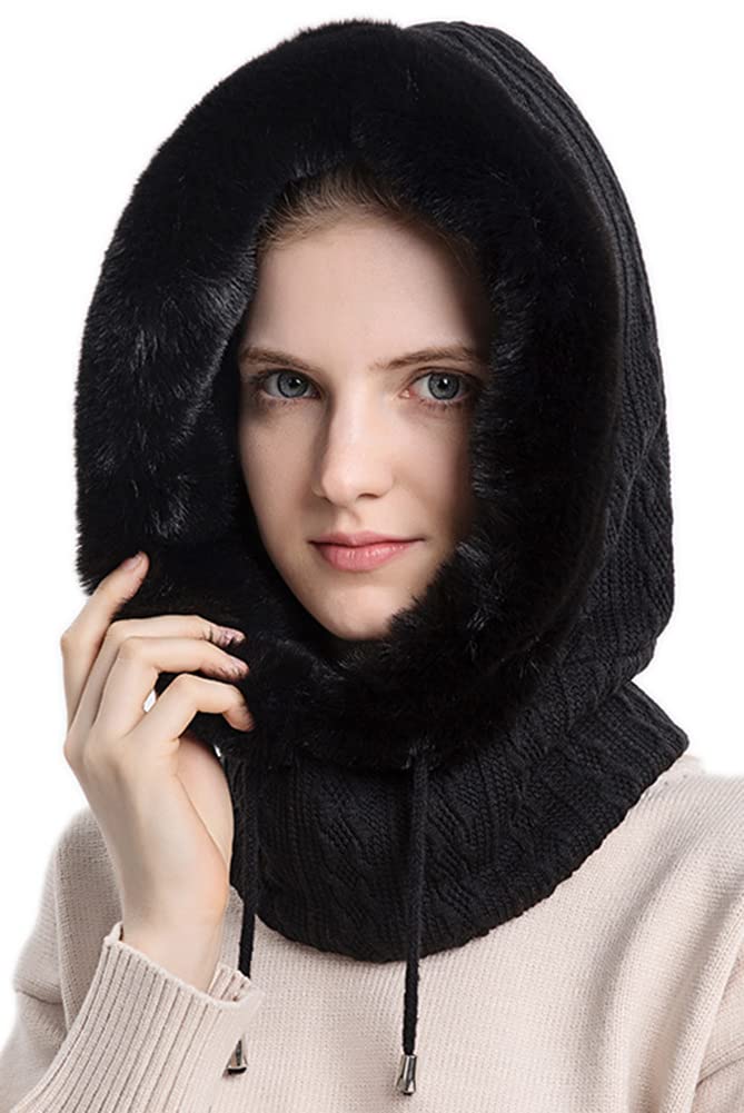 Women One Piece Slouchy Fleece Beanie Hats Scarf Mask Drawstring Warm Hooded Winter Balaclava Pullover Knitted Hat Black