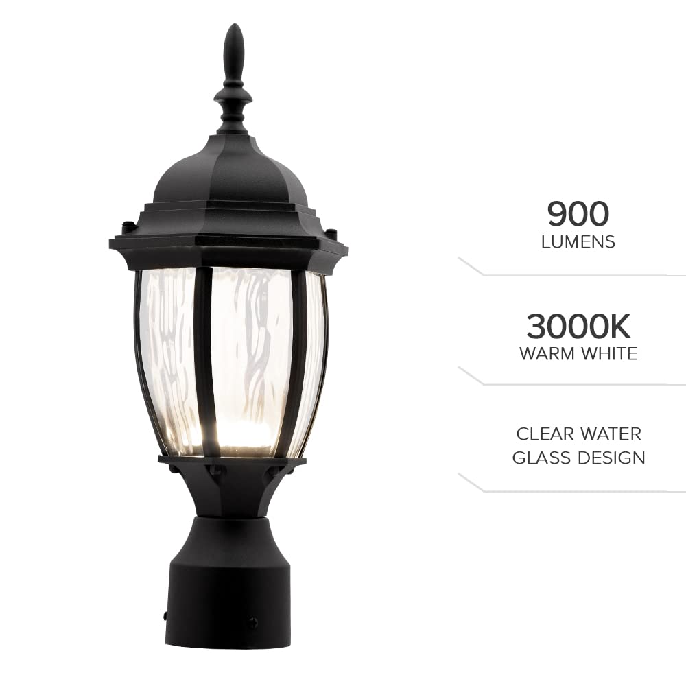 Maxxima LED Outdoor Post Light Pole Lantern with Clear Water Glass, Exterior Waterproof Post Mount Light, 900 Lumens, Driveway Post Light, 3000K Warm White