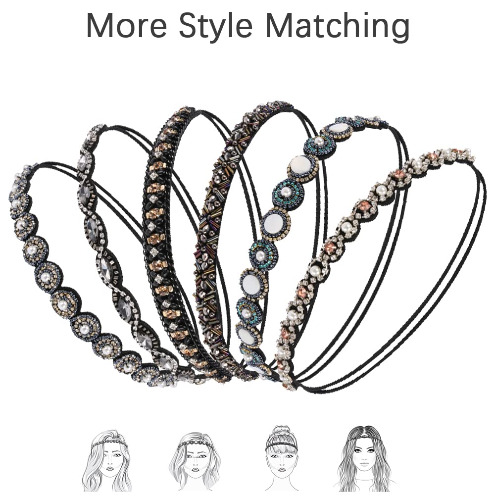 Brynnl 6 Pack Elastic Rhinestone Headbands for Women, Vintage Beads Rhinestone Hair Headband, Handmade Fashionable Diamond 6 Count (Pack of 1)