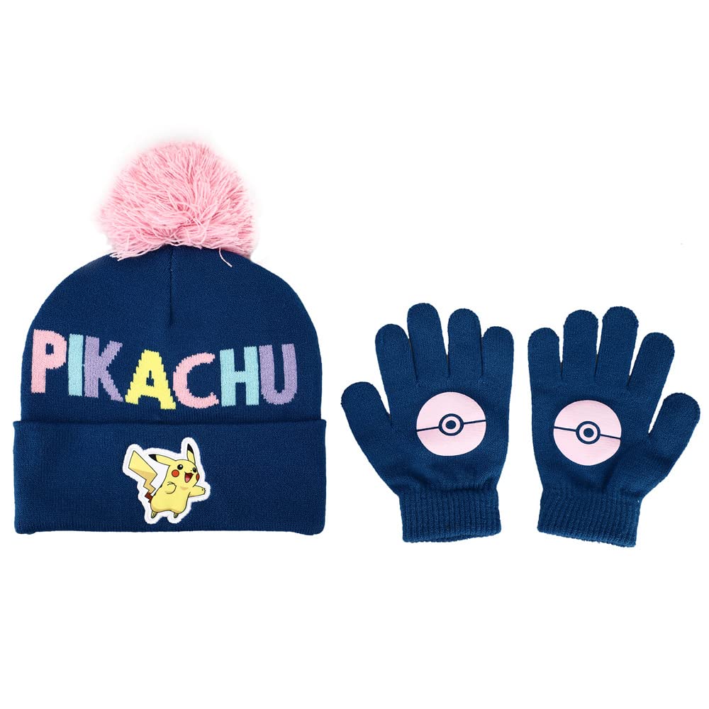 Bioworld Pokemon Pikachu Kids Navy Knit Cuff Pom Beanie and Glove Set