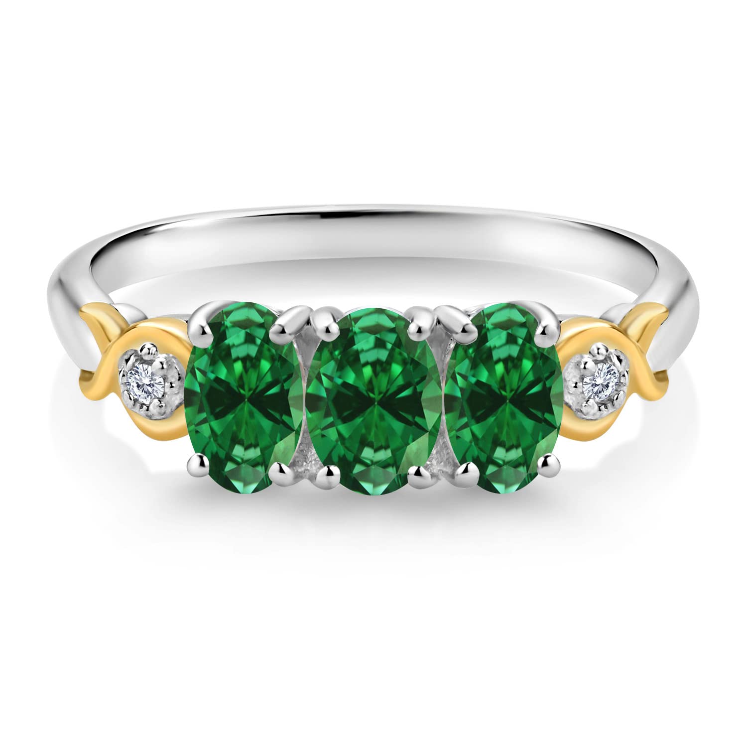 Gem Stone King 925 Silver and 10K Yellow Gold Oval Green Created Emerald and White Lab Grown Diamond Ring For Women (1.07 Cttw, Available In Size 5, 6, 7, 8, 9)