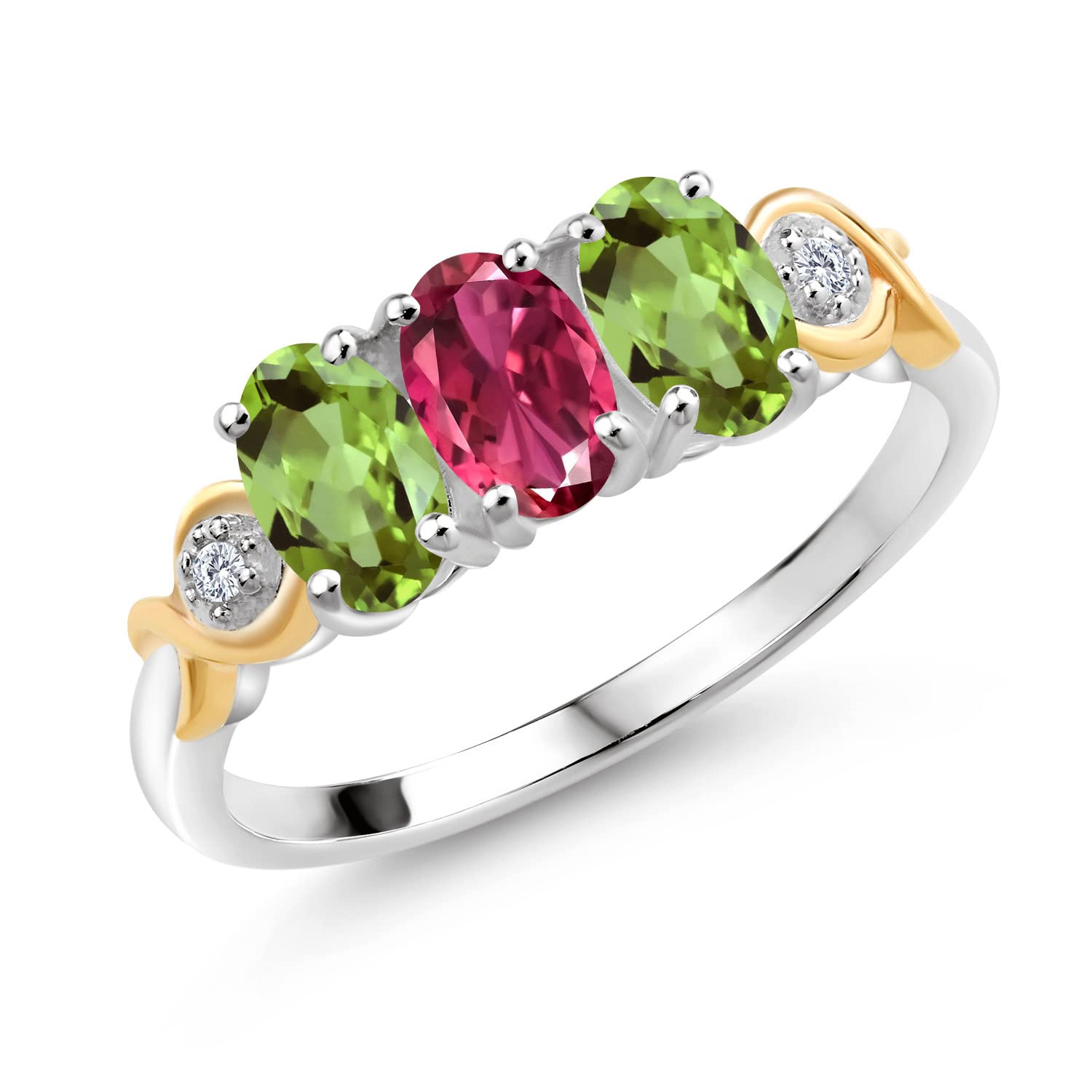 Gem Stone King 925 Silver and 10K Yellow Gold Oval Pink Tourmaline Green Peridot and White Lab Grown Diamond Women Ring (1.50 Cttw, Gemstone Birthstone, Available In Size 5, 6, 7, 8, 9)