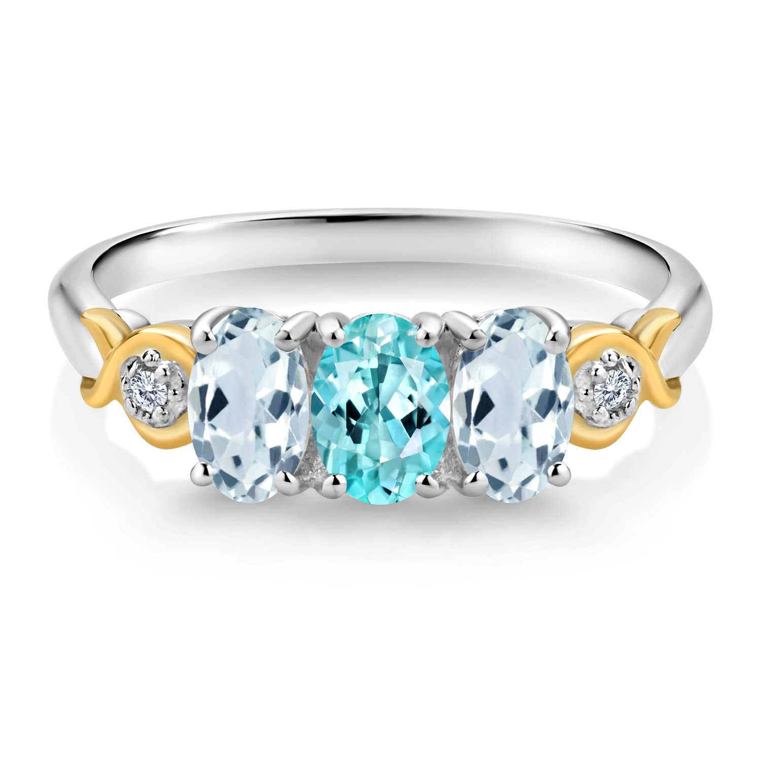 Gem Stone King 1.54 Ct Oval Blue Apatite Sky Blue Aquamarine 925 Silver and 10K Yellow Gold G-H Lab Grown Diamond Women Ring (Size 7)