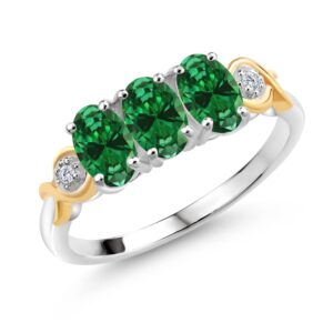 gem stone king 925 silver and 10k yellow gold oval green created emerald and white lab grown diamond ring for women (1.07 cttw, available in size 5, 6, 7, 8, 9)