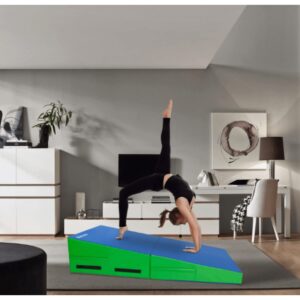 Lucky Shop Incline Gymnastics Mat, 48x24 Inch Foldding Gymnastic Tumbling Mat with Handle, Cheese Wedge Skill Shape, Indoor/Outdoor Exercise Home Gym Yoga for Kids Tumbling, Training, Blue