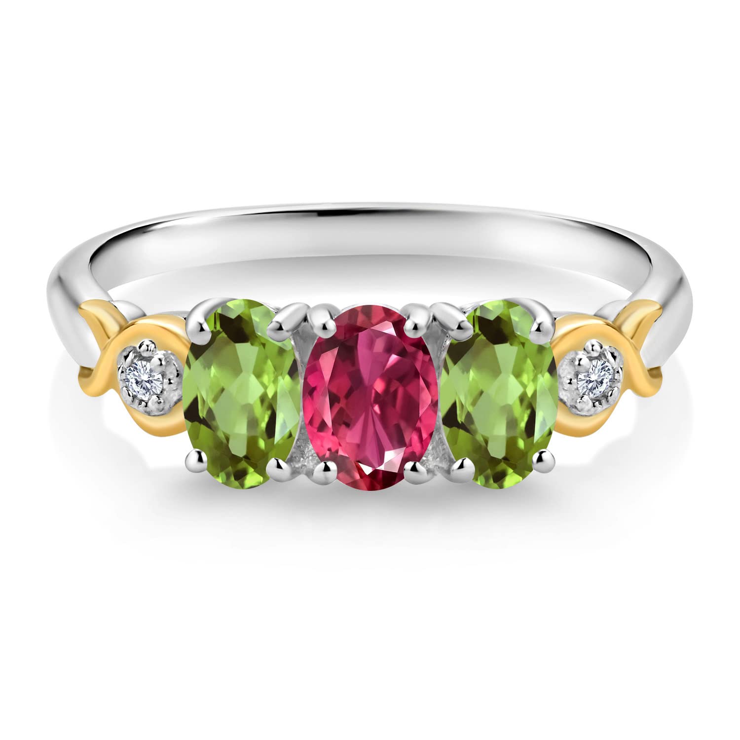 Gem Stone King 925 Silver and 10K Yellow Gold Oval Pink Tourmaline Green Peridot and White Lab Grown Diamond Women Ring (1.50 Cttw, Gemstone Birthstone, Available In Size 5, 6, 7, 8, 9)