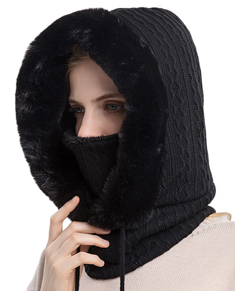 Women One Piece Slouchy Fleece Beanie Hats Scarf Mask Drawstring Warm Hooded Winter Balaclava Pullover Knitted Hat Black