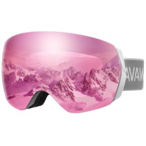 avaway pink ski goggles, snow goggles women, uv 400 protection snowboard goggles over glasses frameless detachable lenses