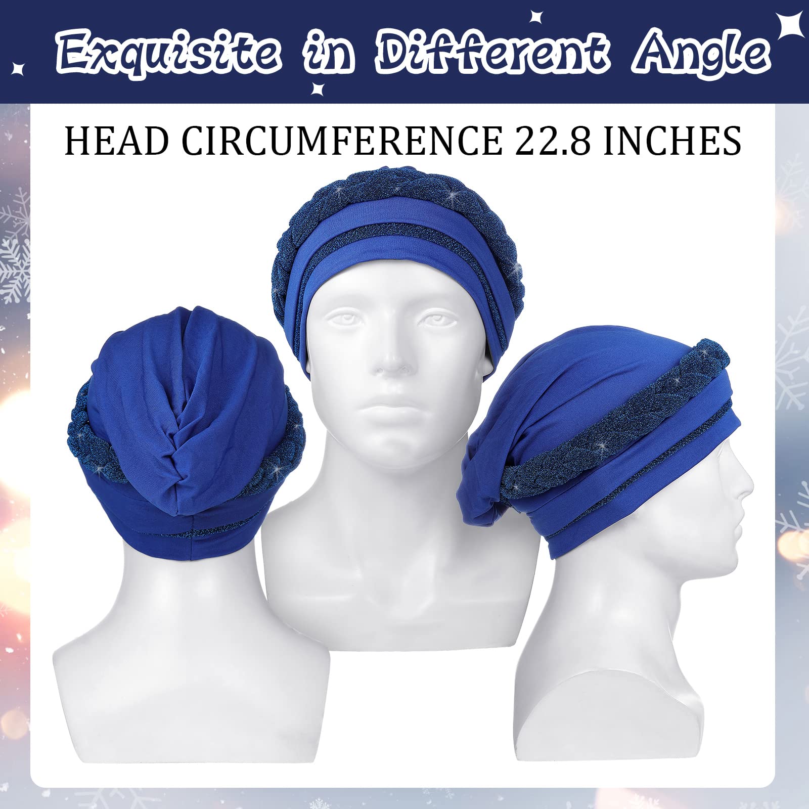 3 Pieces Head Wrap Turban Headwear Pre-Tied Twisted Braid Hair Cover Headwrap Hats for Women Girls (Black, Gray, Royal Blue, Elegant Style)