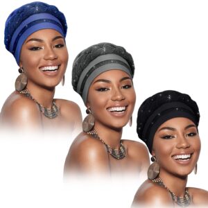 3 pieces head wrap turban headwear pre-tied twisted braid hair cover headwrap hats for women girls (black, gray, royal blue, elegant style)