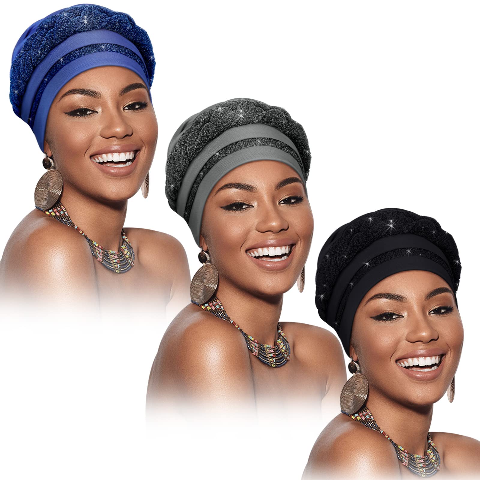 3 Pieces Head Wrap Turban Headwear Pre-Tied Twisted Braid Hair Cover Headwrap Hats for Women Girls (Black, Gray, Royal Blue, Elegant Style)