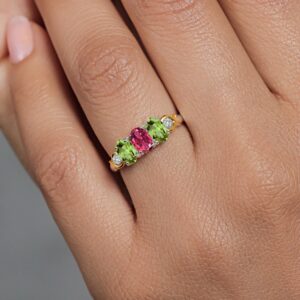 Gem Stone King 925 Silver and 10K Yellow Gold Oval Pink Tourmaline Green Peridot and White Lab Grown Diamond Women Ring (1.50 Cttw, Gemstone Birthstone, Available In Size 5, 6, 7, 8, 9)