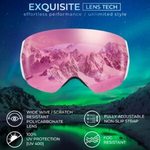 AVAWAY Pink Ski Goggles, Snow Goggles Women, UV 400 Protection Snowboard Goggles Over Glasses Frameless Detachable Lenses