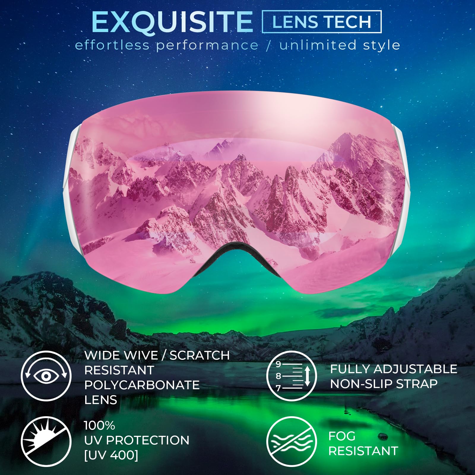 AVAWAY Pink Ski Goggles, Snow Goggles Women, UV 400 Protection Snowboard Goggles Over Glasses Frameless Detachable Lenses