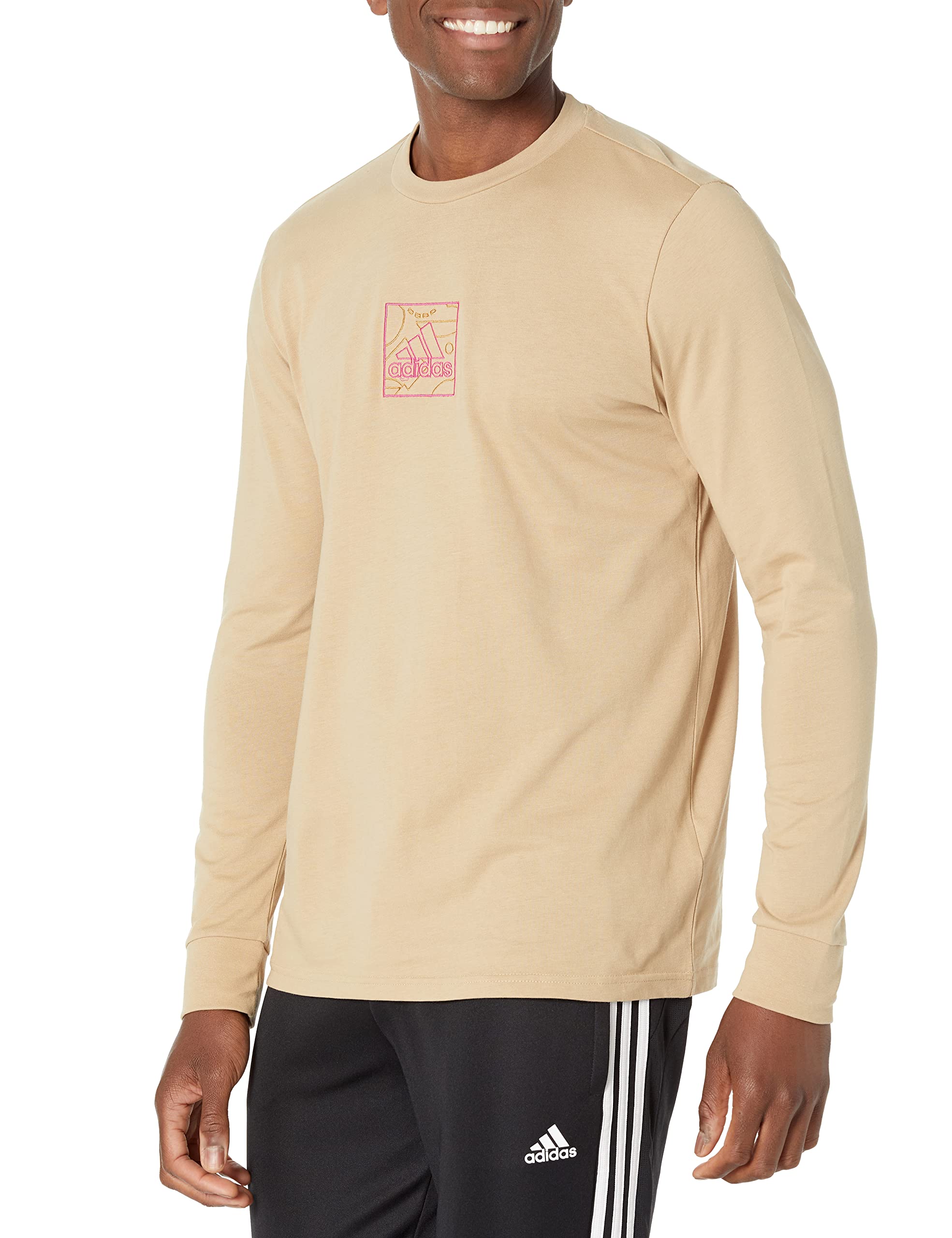 adidas Men's Embroidery Graphic Long Sleeve Tee, Beige Tone, Medium