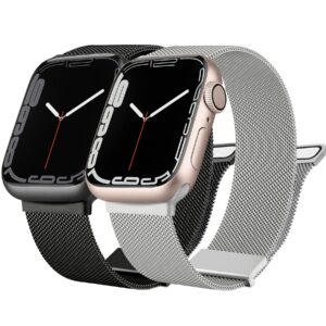 [2 pack] metal stainless steel bands compatible with apple watch bands series 8 7 6 5 4 3 2 1 se 42mm 44mm 45mm, mesh loop magnetic milanese strap for iwatch bands (silver & black)