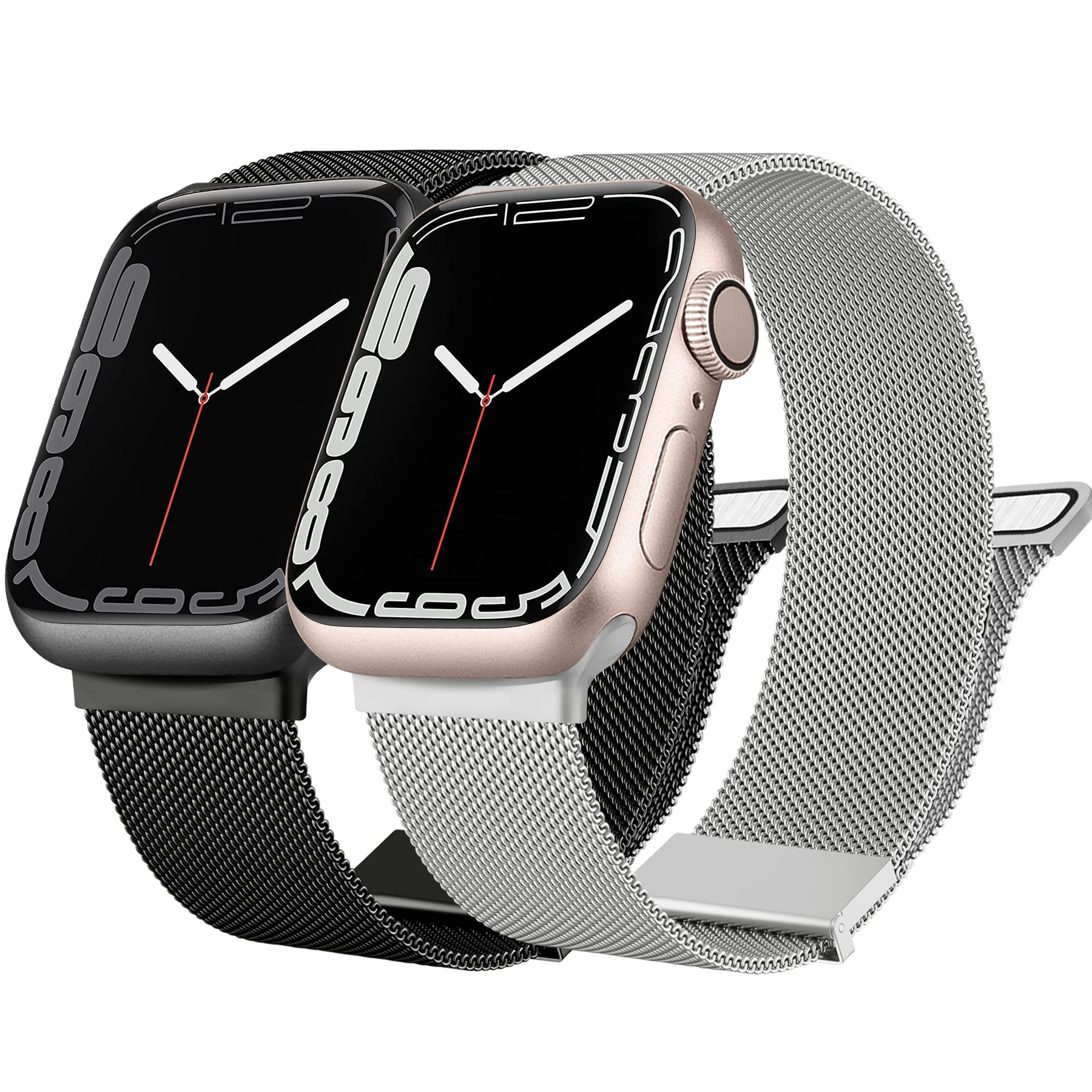 [2 PACK] Metal Stainless Steel Bands Compatible with Apple Watch Bands Series 8 7 6 5 4 3 2 1 SE 42mm 44mm 45mm, Mesh Loop Magnetic Milanese Strap for iWatch Bands (Silver & Black)