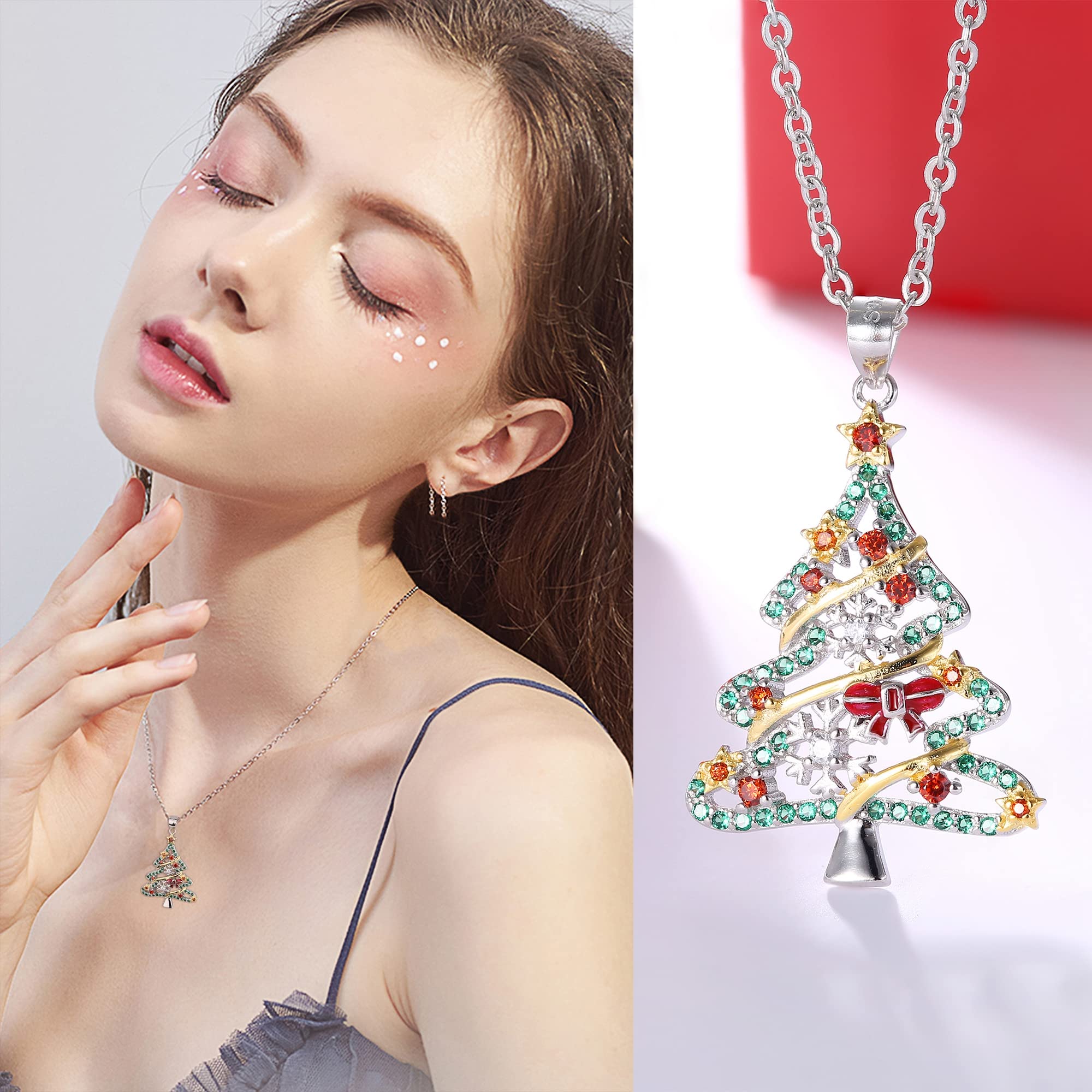 MUSECLOUD Christmas Necklace 925 Sterling Silver Christmas Tree Necklace For Women White Gold Plated Christmas Tree Pendant Christmas Jewelry Gift (Silver)